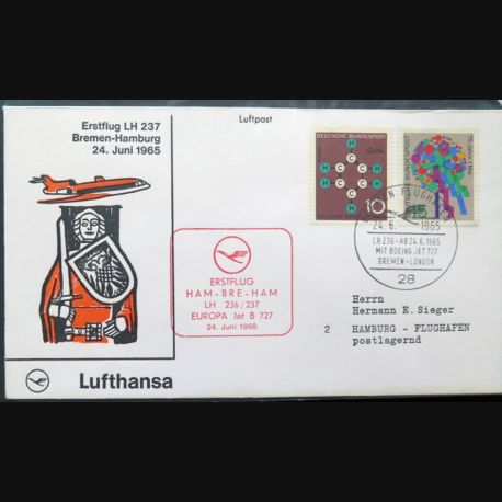 Enveloppe 1° jour Lufthansa Erstflug Bremen Hamburg 24 juin 1965