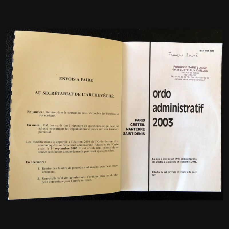 Ordo administratif 2003 édité par Imprimerie Indica